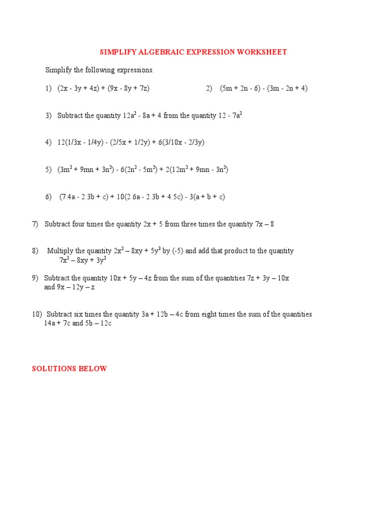 Simplify Algebraic Expression Worksheet | PDF | Teaching Methods ...