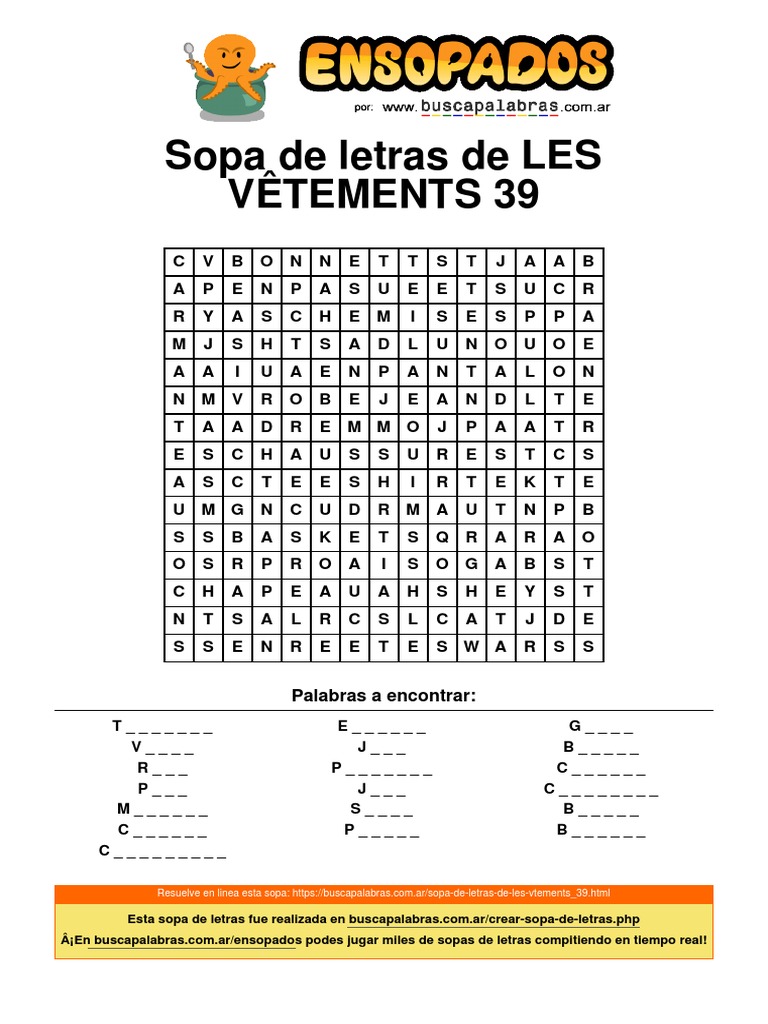 Sopa de Letras: Prendas de Vestir | PDF | Ocio