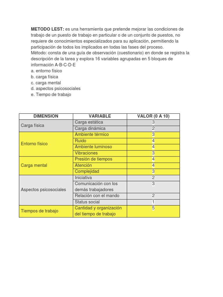 Actividad 8 Ergonomia Metodo Lest | PDF | Factores humanos y ergonomía | Física
