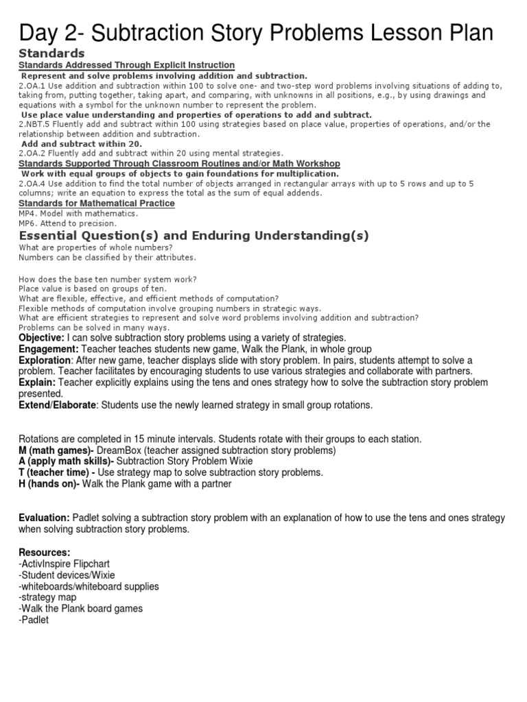Day 2 Lesson Plan | PDF | Lesson Plan | Subtraction