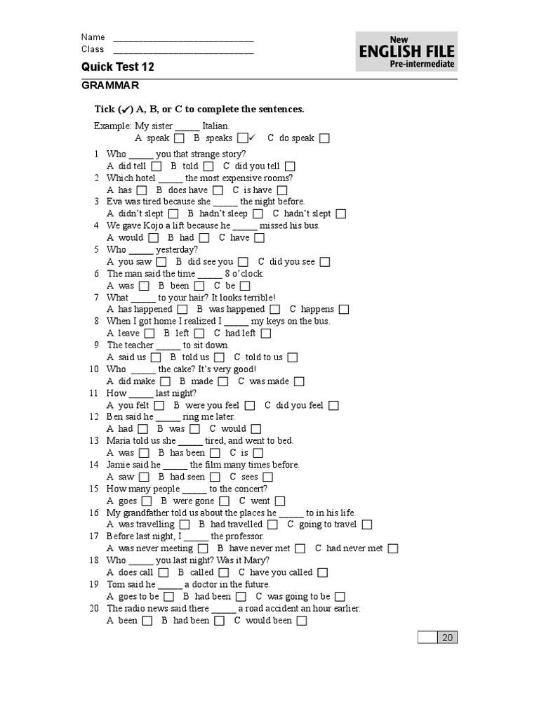 Quick Test 12: Grammar & Vocabulary | PDF