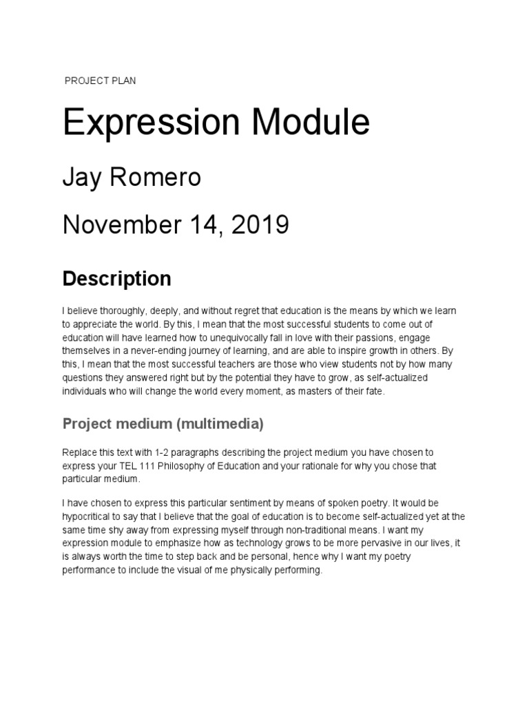 Expression Module Project Plan | PDF | Philosophy Of Education | Hope