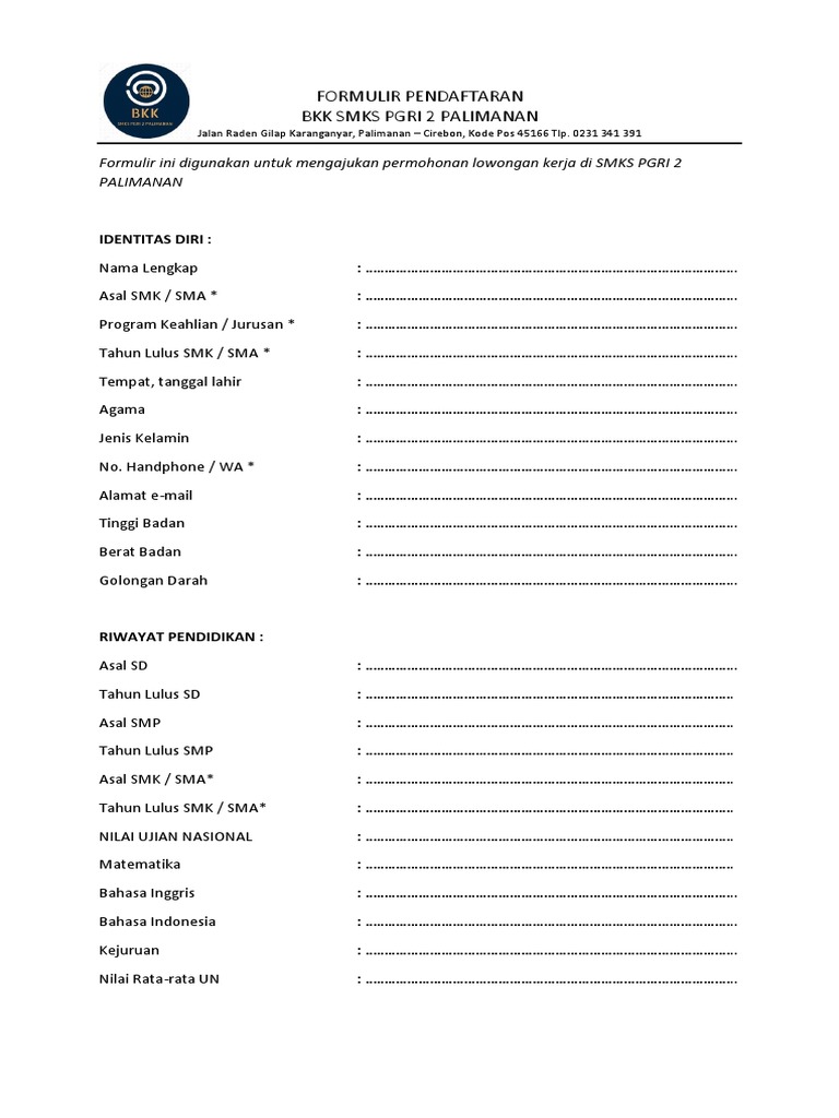 Form BKK Smks Pgri 2 Palimanan | PDF