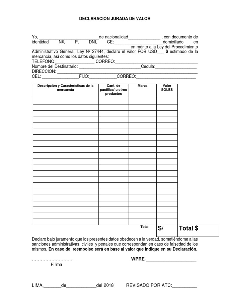 Declaración Jurada de Valor PDF | PDF