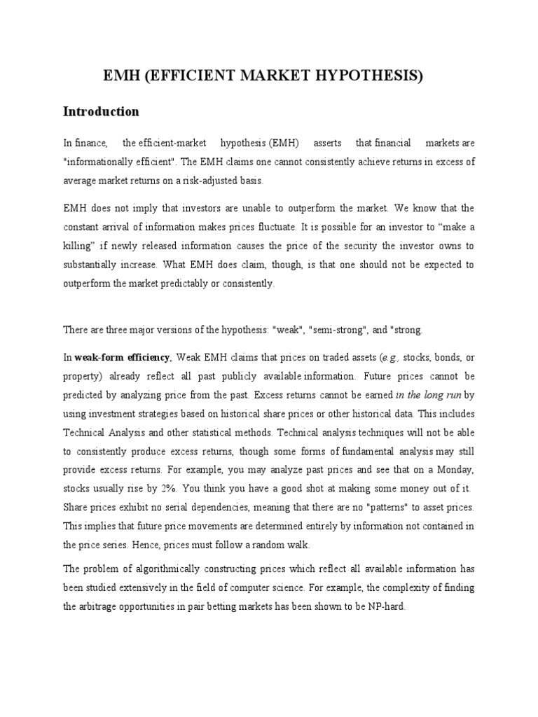 Emh Efficient Market Hypothesis Pdf Efficient Market Hypothesis