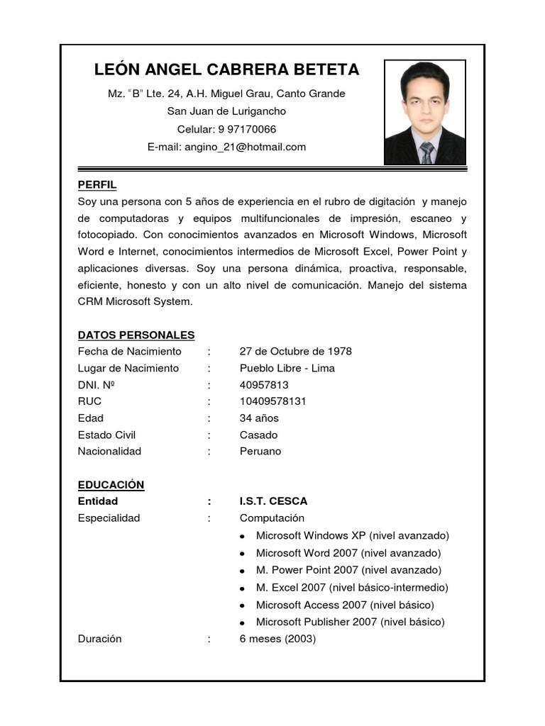CV Leon Angel Cabrera Beteta PDF | PDF | Microsoft Windows | Microsoft Excel