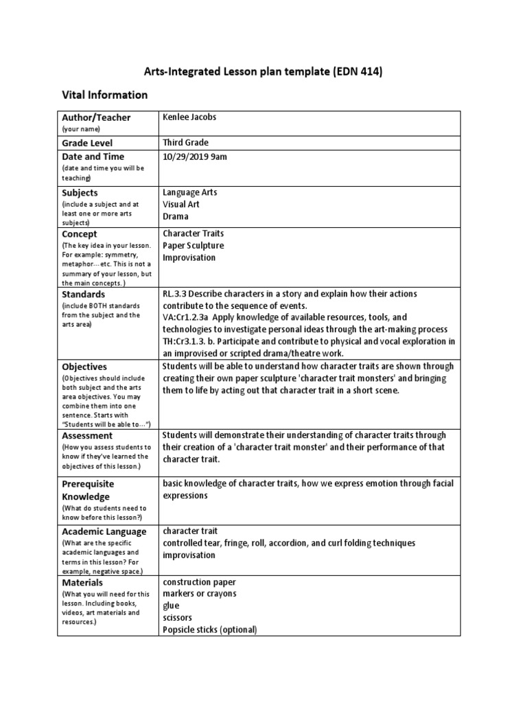 Arts-Integrated Lesson Plan Template sp19 | PDF | Lesson Plan | Pedagogy