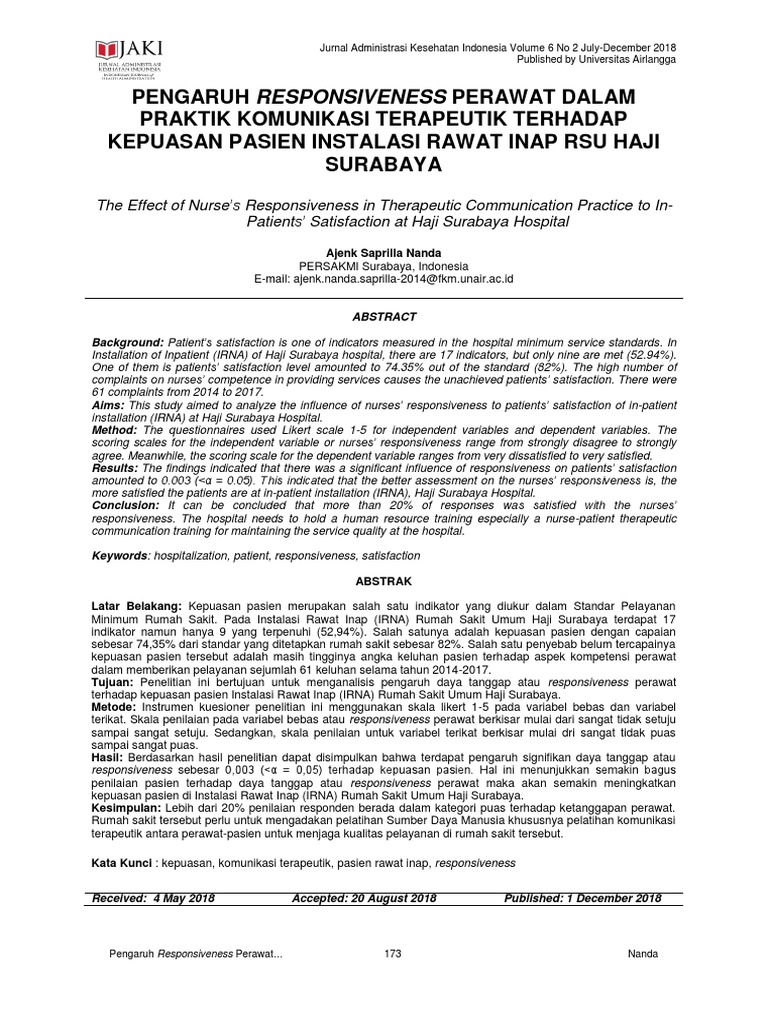 Pengaruh Responsiveness Perawat Dalam Praktik Komu PDF | PDF | Health Care | Health Sciences