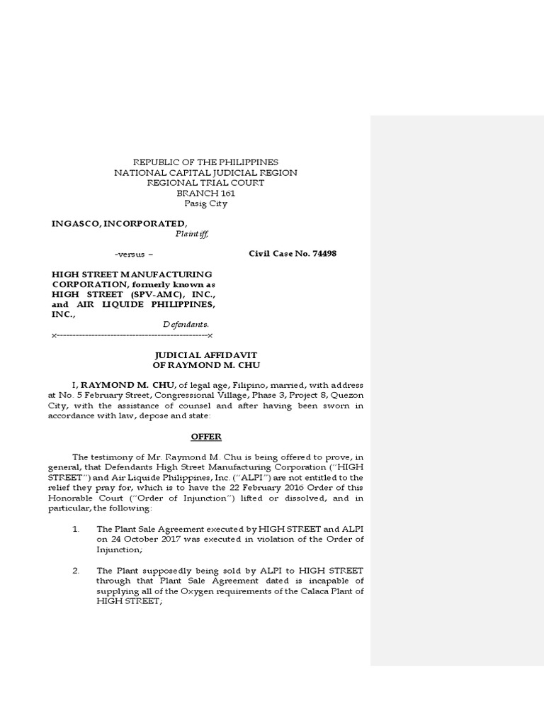 Ingasco vs. High Street Case Affidavit | PDF | Vice President ...