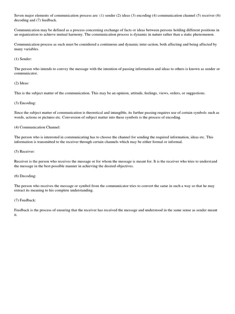 Seven Major Elements of Communication Process | PDF | Idea | Communication