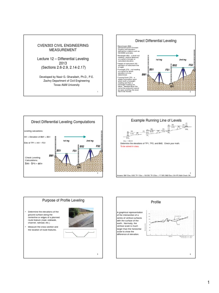 CVEN303 ELearn Lec 12 - Profile Leveling | PDF | Surveying | Geomatics