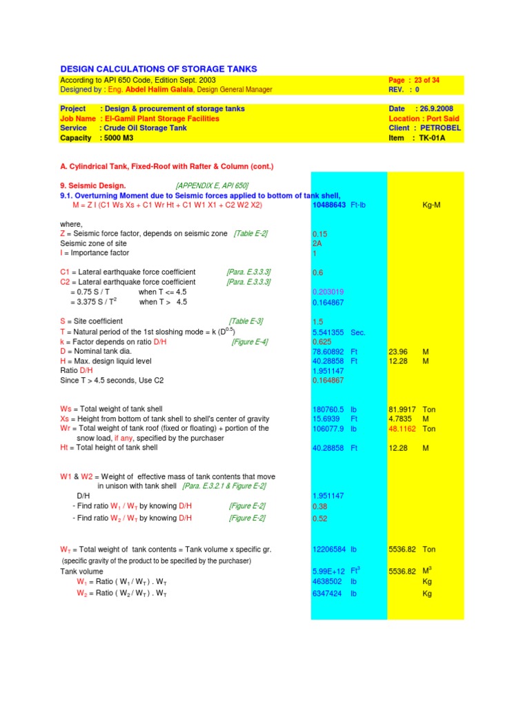 API 650 Storage Tank Design Calculations | PDF | Applied And ...