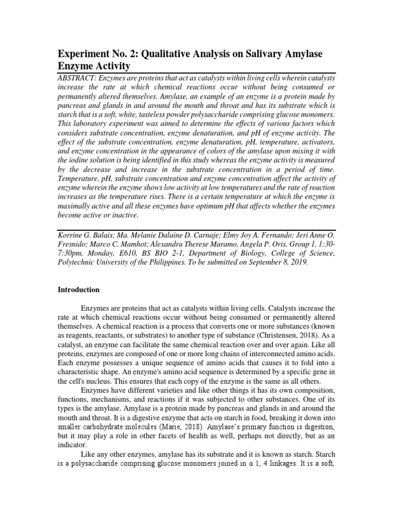 Qualitative Analysis On Salivary Amylase Enzyme Activity | PDF | Enzyme ...