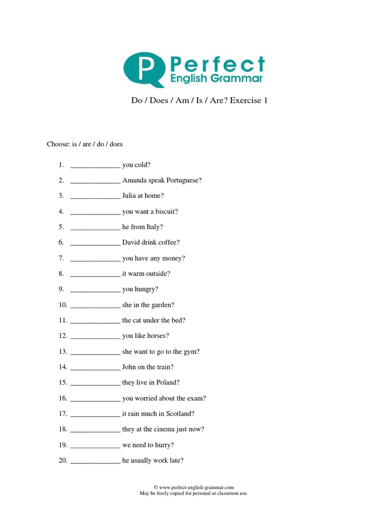 Do Does Am Is Are Exercise 1 | PDF