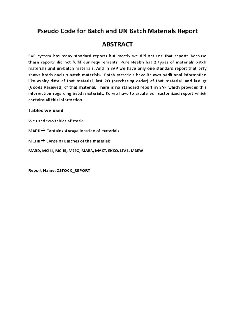 Psudo Code of Batch and Unbatch Materials Report | PDF | Computing | Areas Of Computer Science