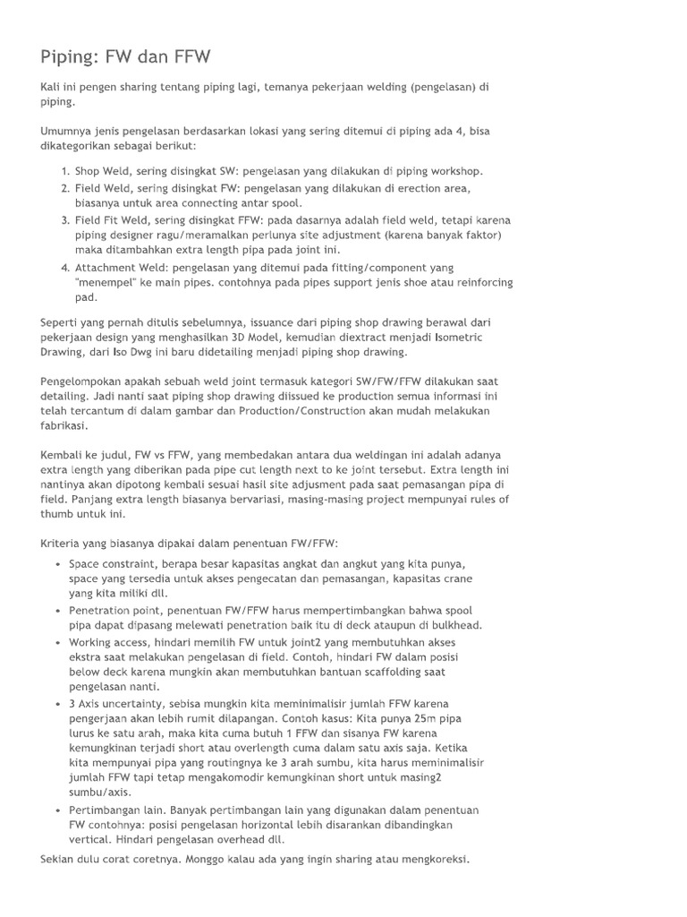Piping FW Dan FFW PDF | PDF