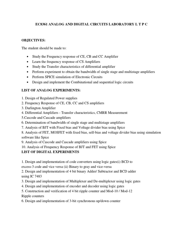 EC8361 ANALOG AND DIGITAL CIRCUITS LAB Syllabus | PDF | Technology ...