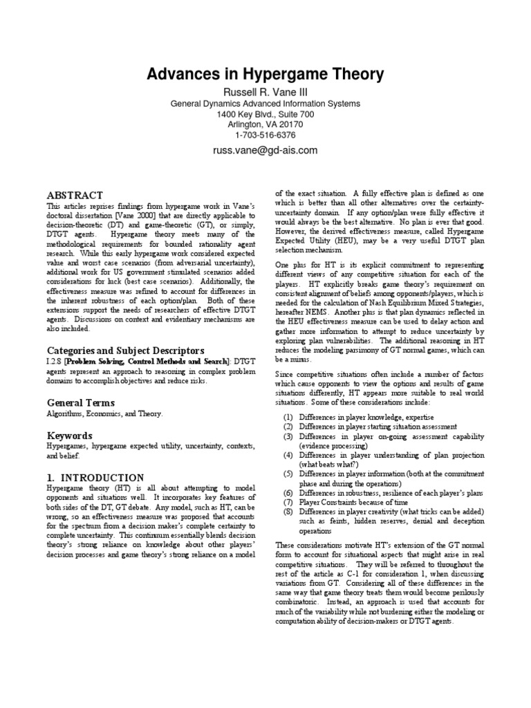 Advances in Hyper Game Theory PDF | PDF | Game Theory | Decision Making