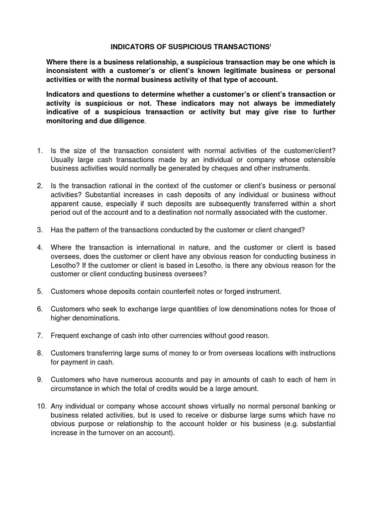 Indicators of Suspicious Transactions | PDF | Financial Transaction ...