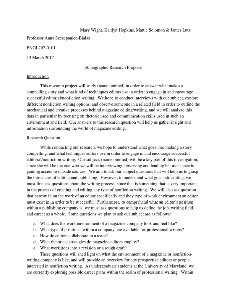 Ethnographic Research Proposal Sample Draft | PDF | Editing | Question
