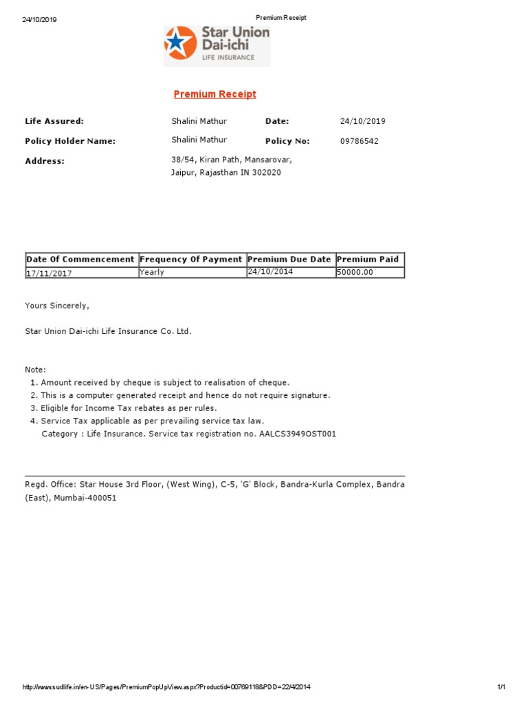 Life Insurance Premium Receipt | PDF | Finance & Money Management