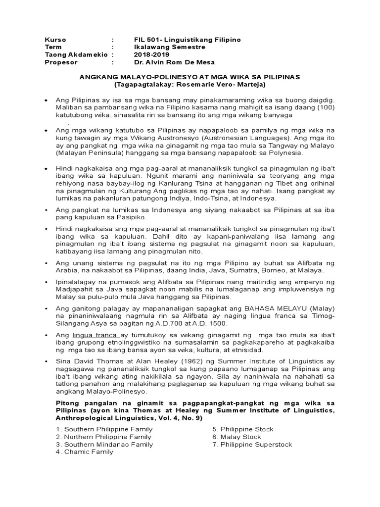 Hand-Out - Angkang Malayo-Polinesyo at Mga Wika Sa PIlipinas | PDF