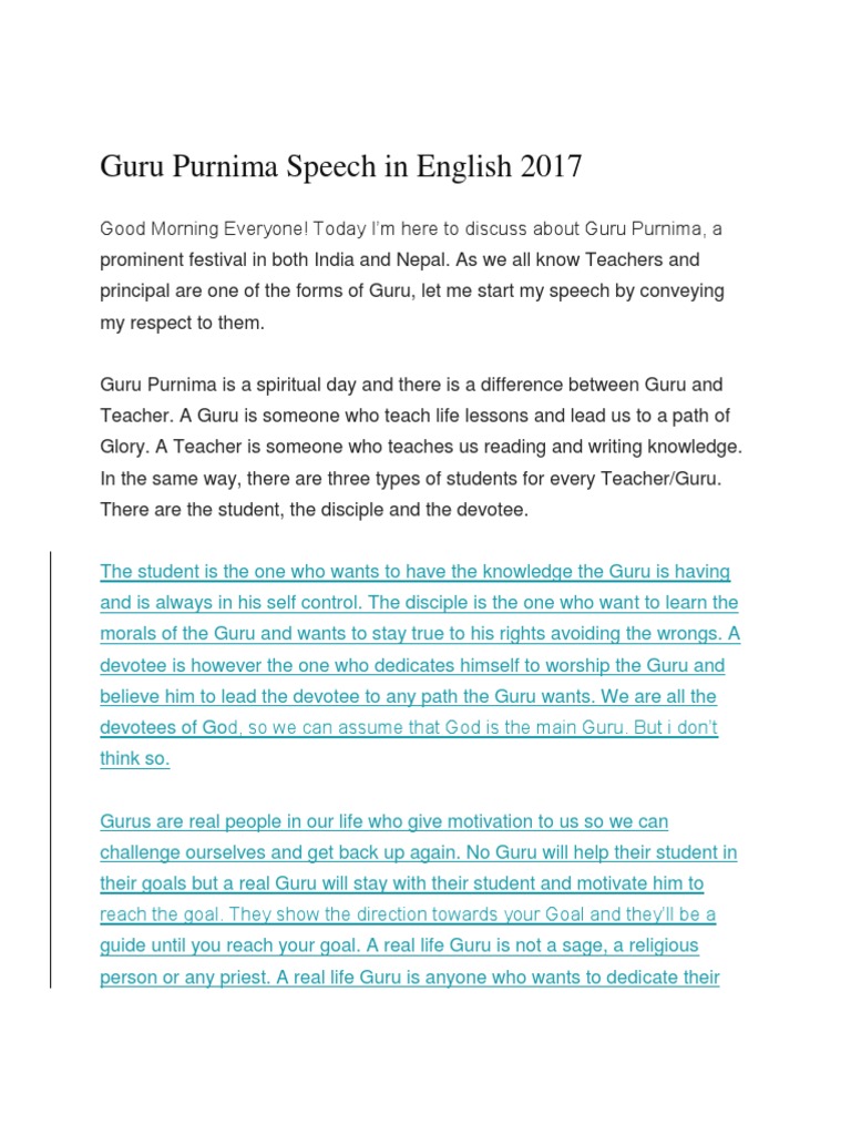 Guru Purnima Speech in English 2017 | PDF | Guru | Teachers