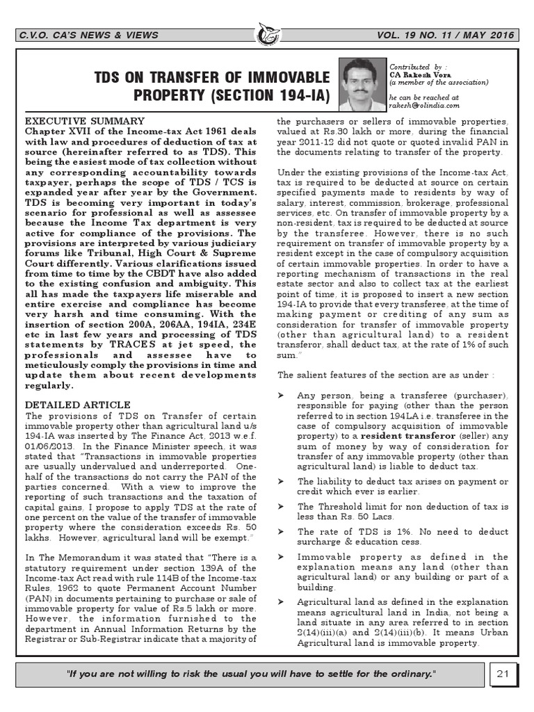 TDS On Transfer of Immovable Property | PDF | Payments | Financial ...