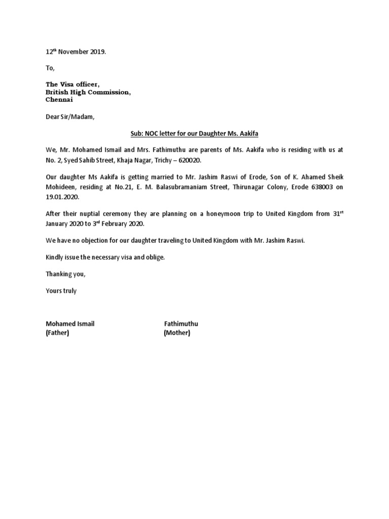 NOC Letter for Daughter's UK Visa | PDF | Sports & Recreation | Law
