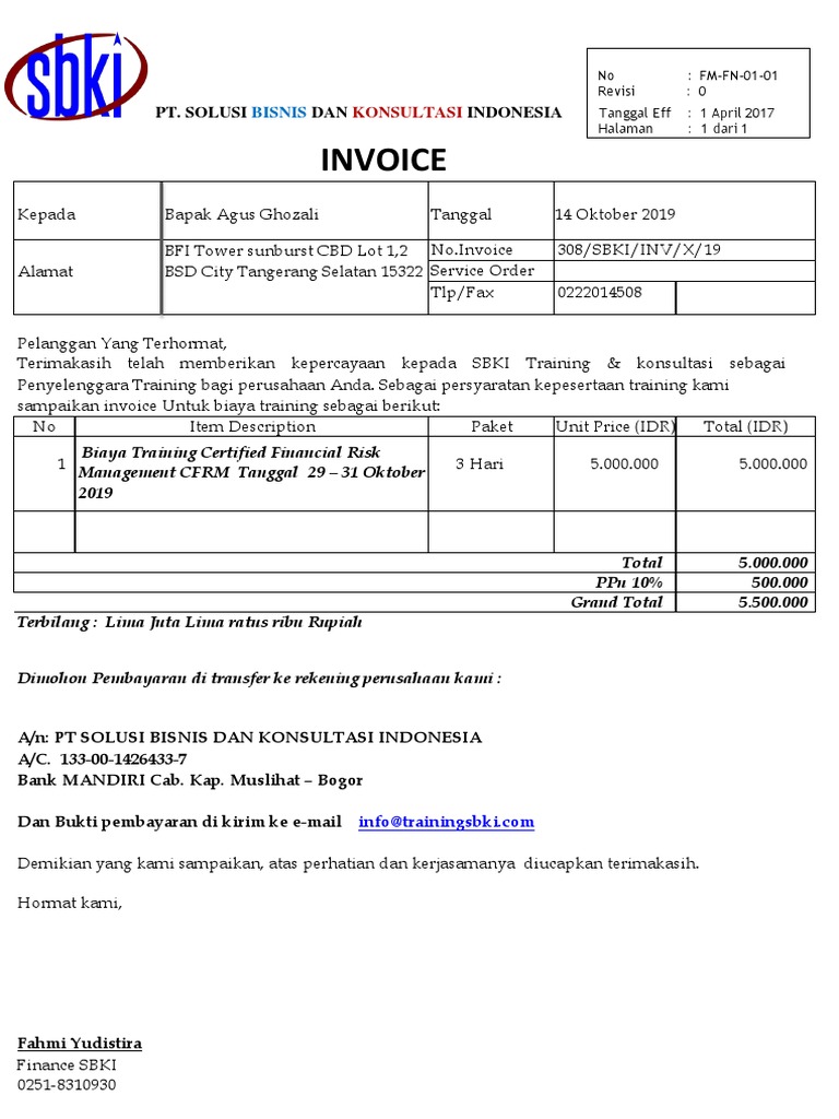 Invoice CFRM Pt. Bfi BSD | PDF