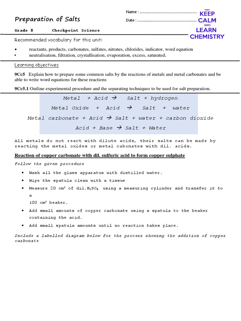 G8 Preparation of Salts Lab Experiment | PDF | Salt (Chemistry) | Acid