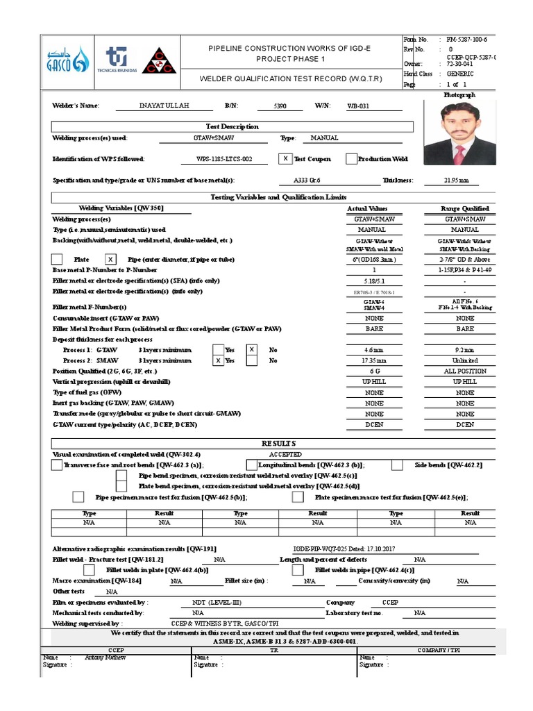 Sample Welder ID As Per ASME Section IX | PDF | Welding | Construction