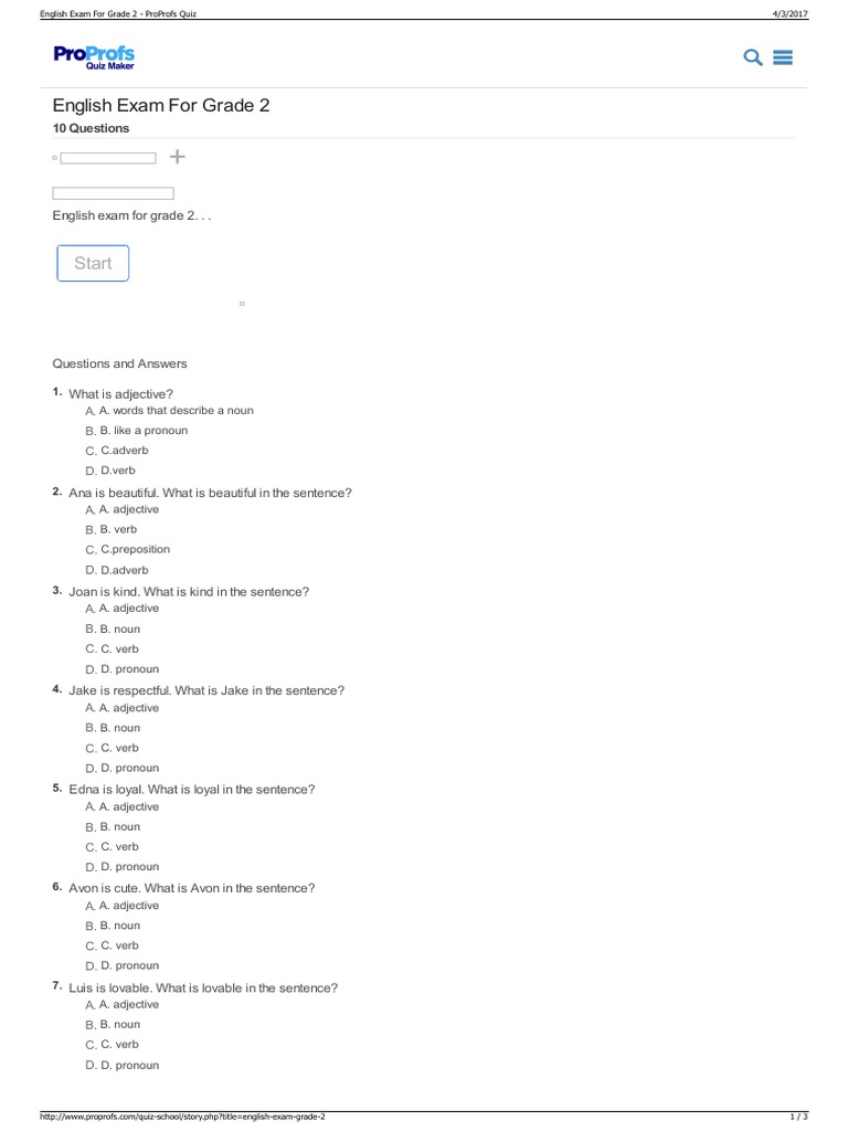 English Exam For Grade 2 - ProProfs Quiz | PDF | Verb | Noun