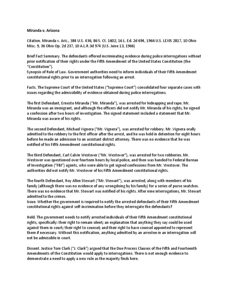 Miranda Vs Arizona | PDF | Miranda V. Arizona | Miranda Warning