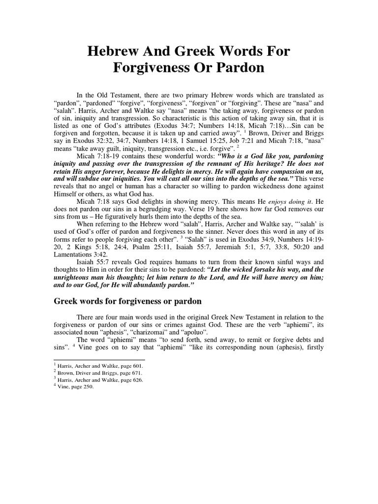 Hebrew and Greek Words For Forgiveness or Pardon | PDF | Forgiveness | Sin