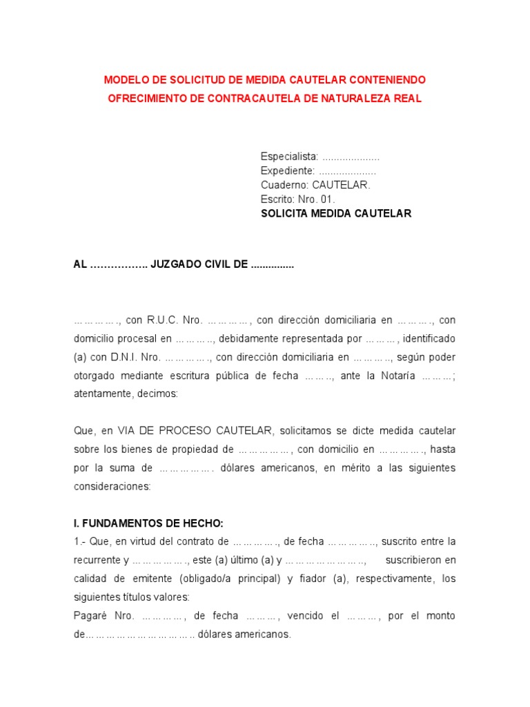 Solicitud de Medida Cautelar y Contracautela | PDF | Mandato | Ley procesal