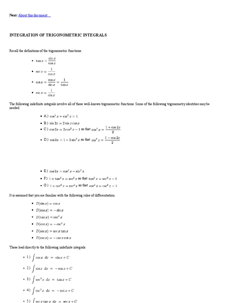 Trigonometric Integrals PDF | PDF | Integral | Trigonometric Functions