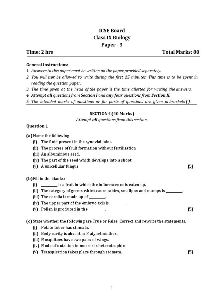 ICSE Class 9 Biology Sample Paper 2024 | PDF | Breathing | Human Tooth
