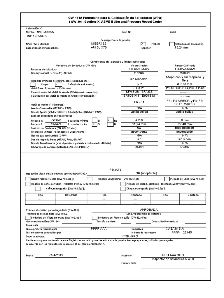 Formulario WPQ ASME | PDF | Soldadura | Construcción
