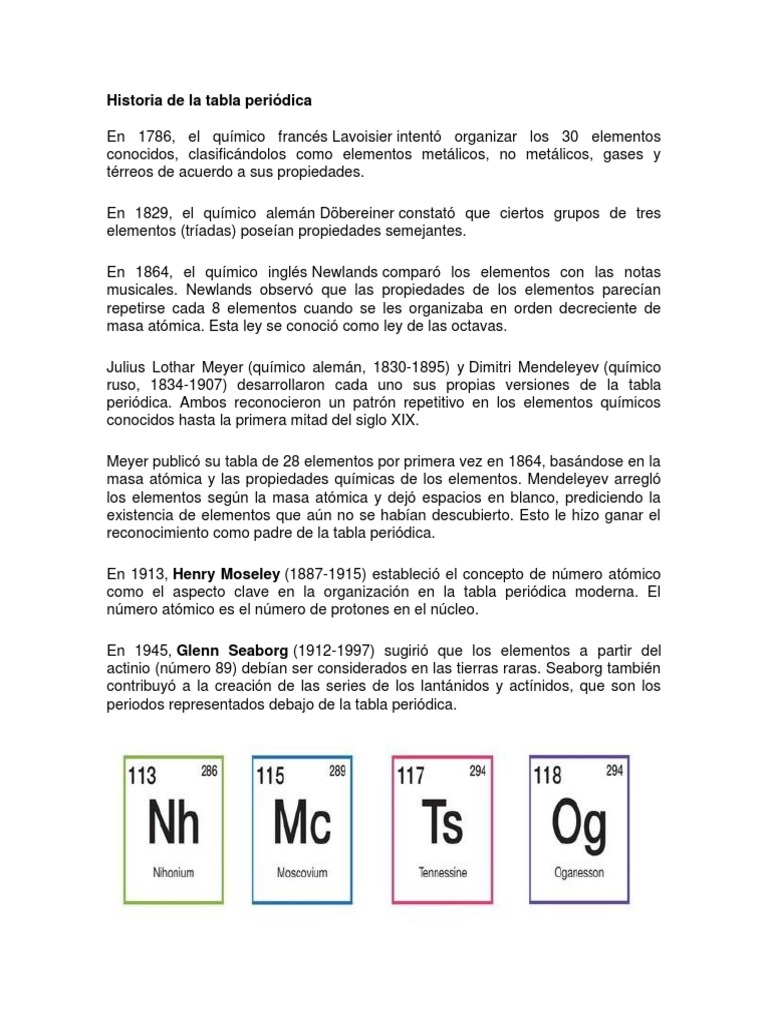 Historia de la tabla periódica.docx | Tabla periódica | Elementos químicos