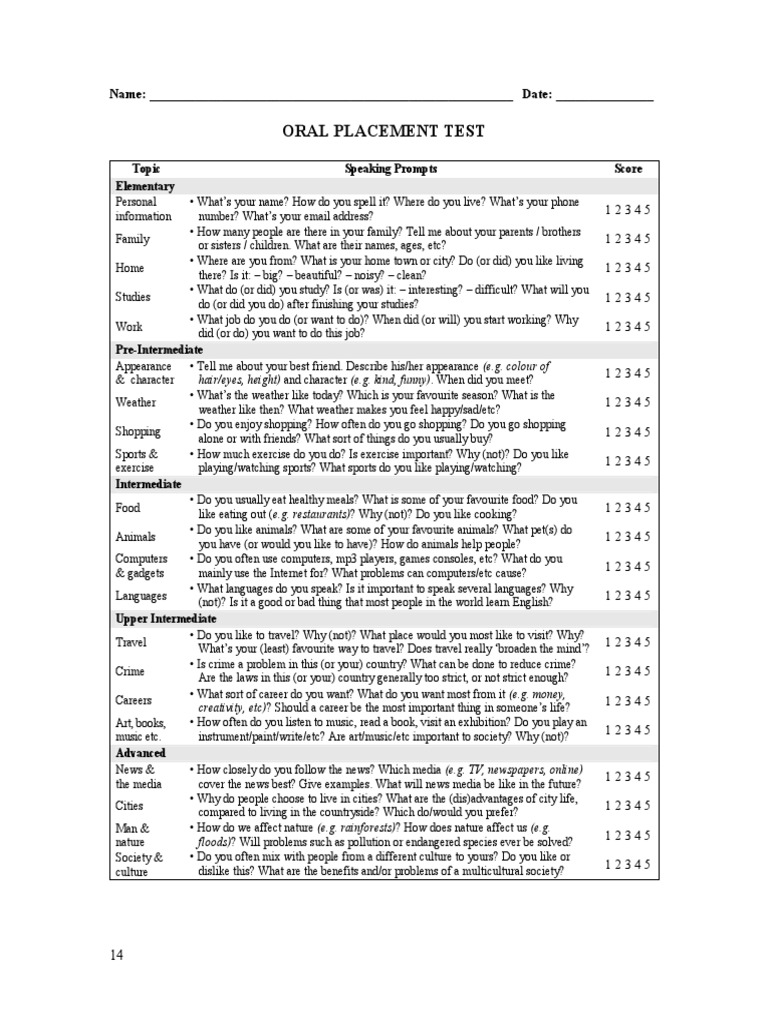 Oral Placement Test Speaking Prompts | PDF | Vocabulary | Communication