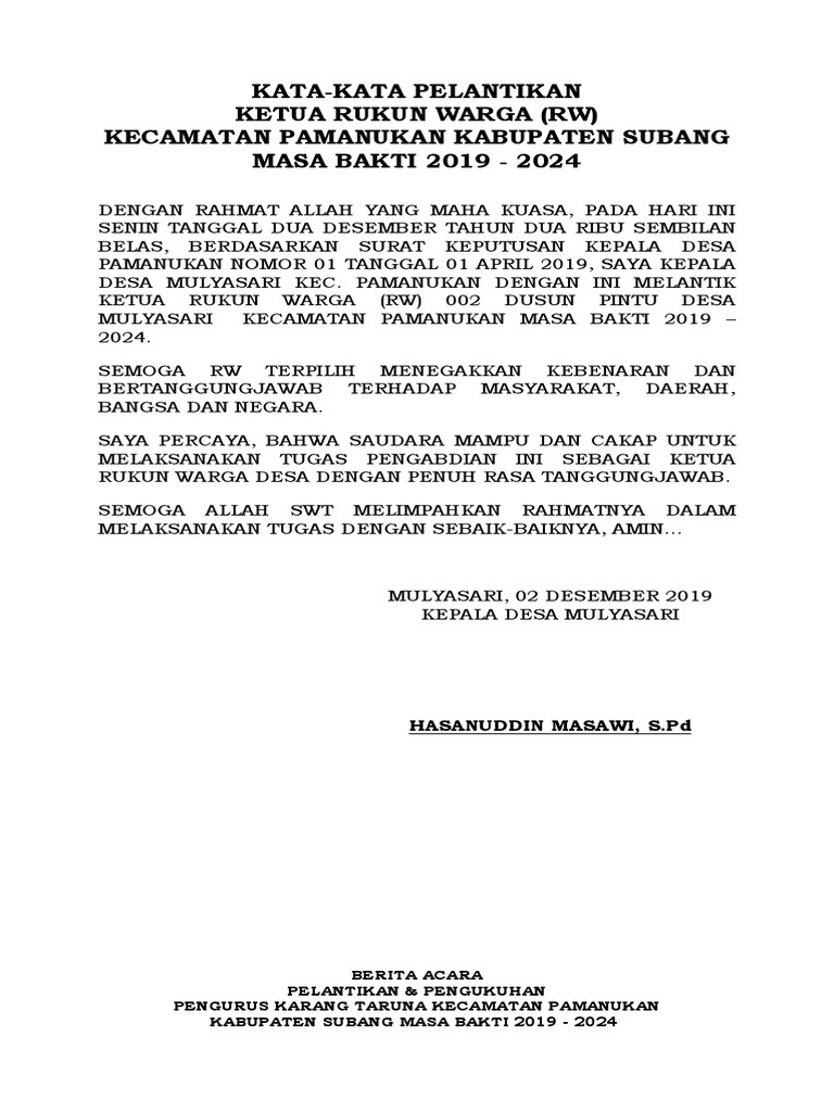 Contoh Naskah Pelantikan Pengurus Karang Taruna Kecamatan | PDF Contoh Naskah Pelantikan Pengurus Karang Taruna Kecamatan | PDF