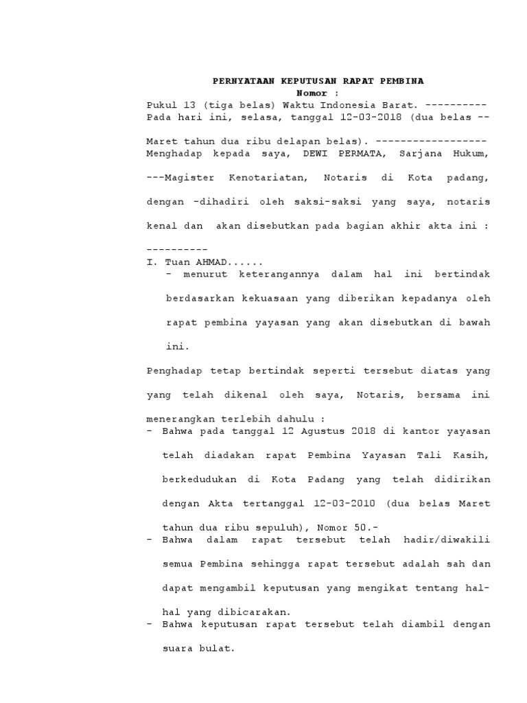 Akta Pernyataan Keputusan Rapat Pembina | PDF Akta Pernyataan Keputusan Rapat Pembina | PDF