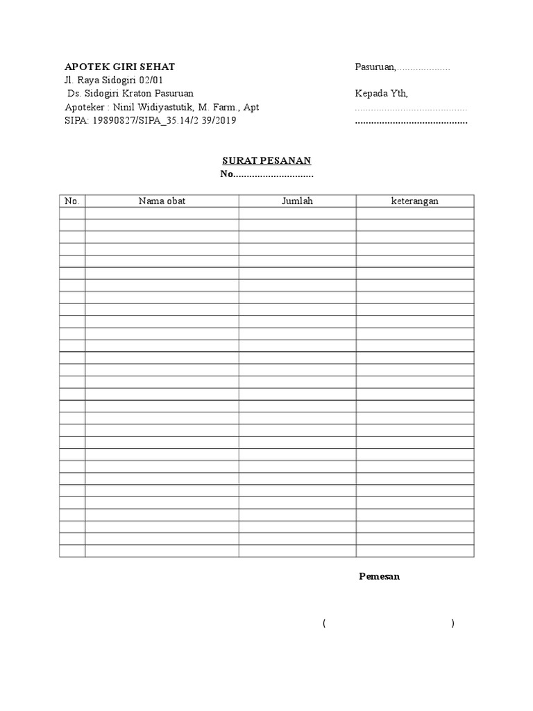 Surat Pesanan Obat Apotek Giri Sehat | PDF