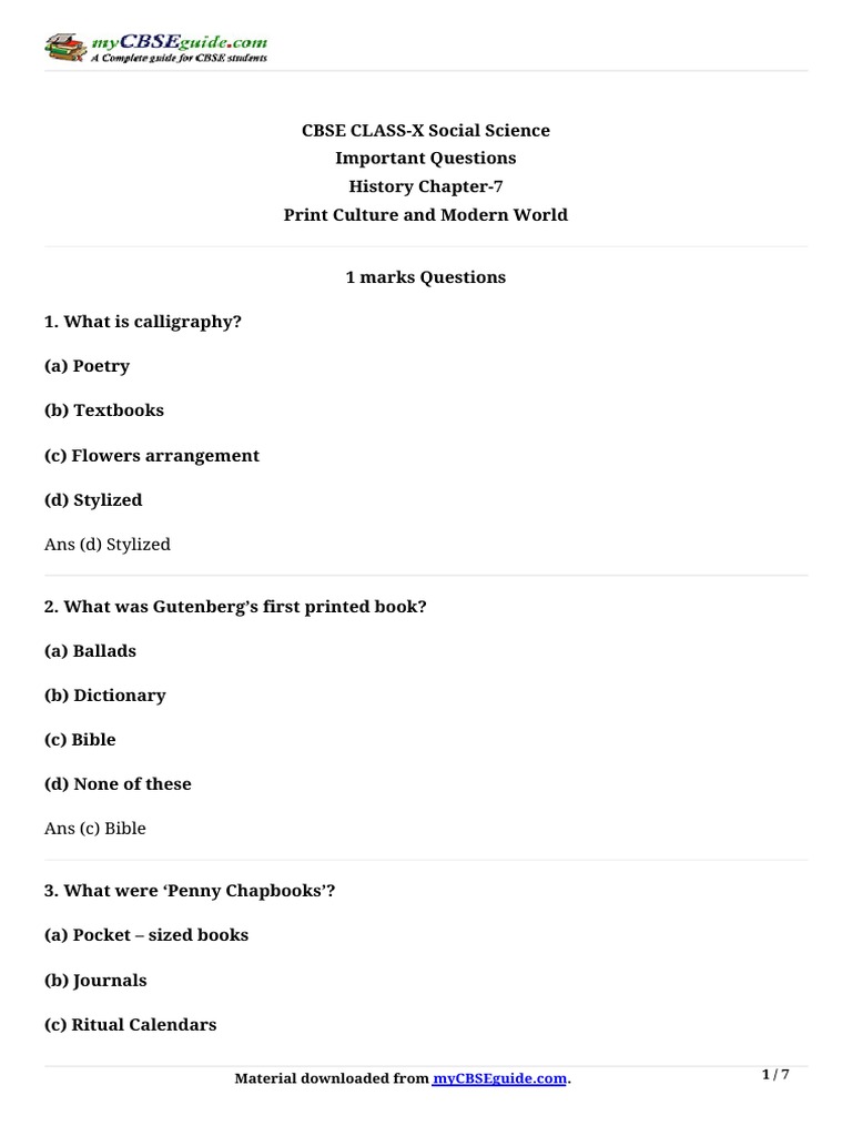 Important Questions History Class 10 CH Print Culture and Modern World ...