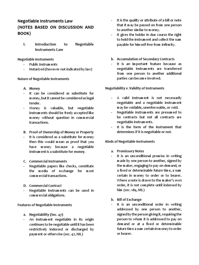 Negotiable Instruments Law Notes PDF | PDF | Negotiable Instrument ...