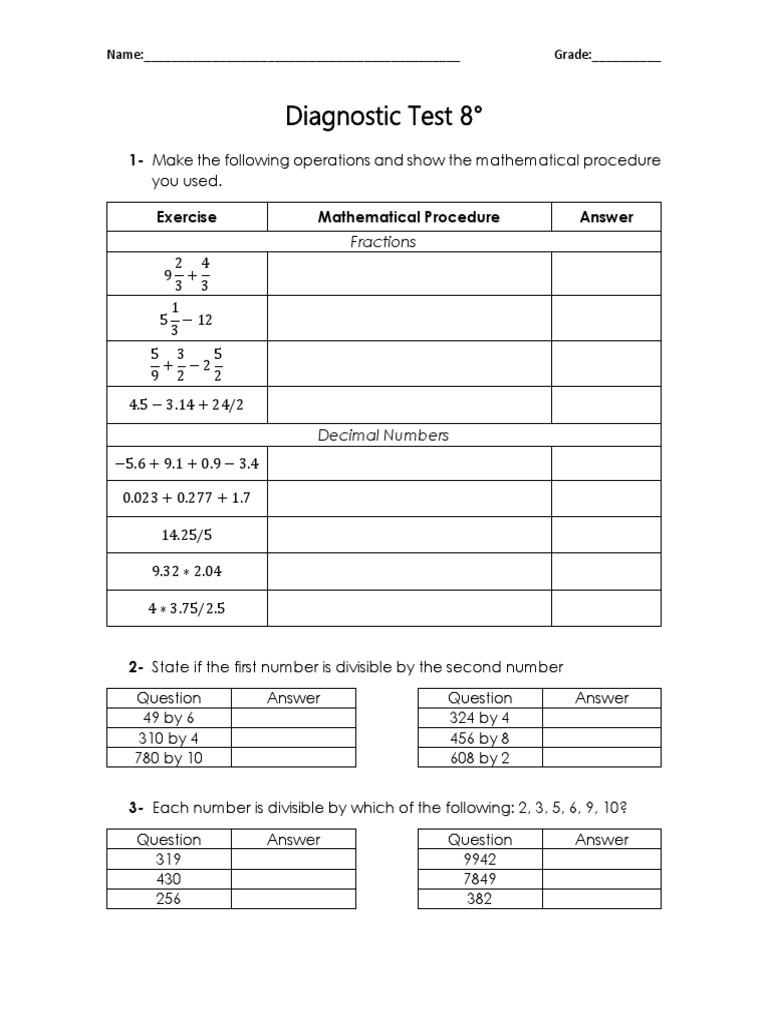 8th Grade Diagnostic Math Test | PDF | Peso | Fraction (Mathematics)