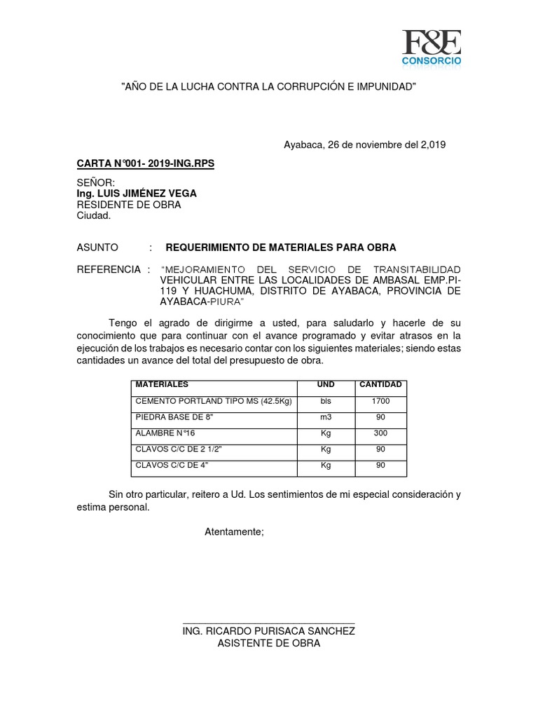 Carta #001-Requerimiento de Materiales | PDF