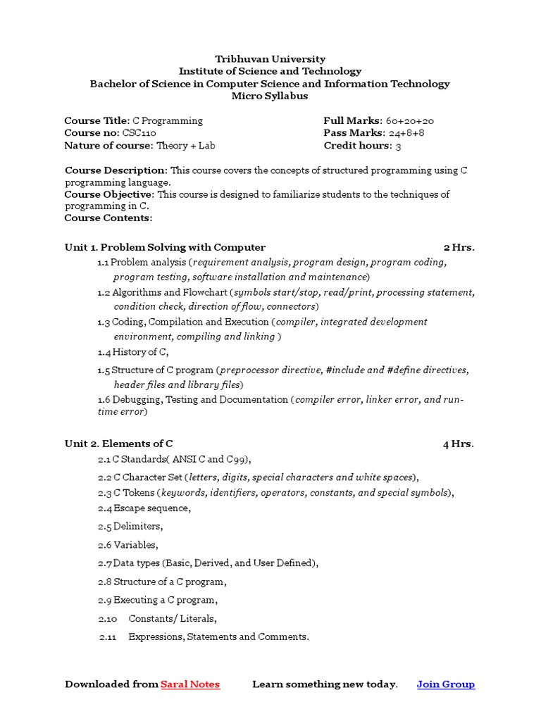 C Programming Csit Micro Syllabus Redefined PDF | PDF | Pointer ...