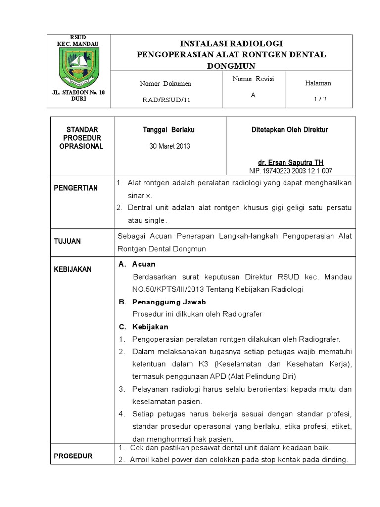 11 Sop Pengoperasioan Alat Rontgen Dental Dongmun | PDF